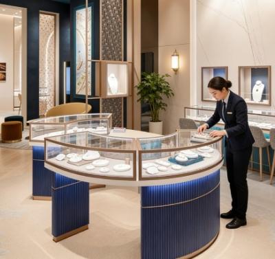 China Luxury Curved Jewelry Display Cabinet | Navy Blue Fluted Base Rose Gold Metal Frame | Glass Showcase Built-in LED Showroom Mall for sale