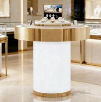 China High-End Gold Finish Round Watch Display Counter with LED Illuminated Base Jewelry Showcase Built-in Screen for Retail for sale