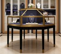 China High-End Octagonal Jewelry Island Counter Black Gold Stainless Steel Glass LED Display Cabinet Retro Luxury Showcase Necklace for sale