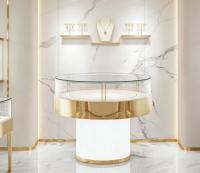China High-End Gold Frame Jewelry Display Case Cylindrical Glass Showcase LED Lighting White Illuminated Luxury Jewelry Store for Mall for sale