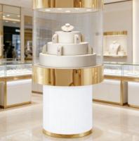 China High-End Gold Frame Jewelry Display Case Cylindrical Glass Showcase LED Lighting White Illuminated Luxury Jewelry Store for Mall for sale