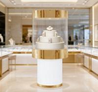 China High-End Gold Frame Jewelry Display Case Cylindrical Glass Showcase LED Lighting White Illuminated Luxury Jewelry Store for Mall for sale