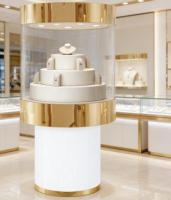 China High-End Gold Frame Jewelry Display Case Cylindrical Glass Showcase LED Lighting White Illuminated Luxury Jewelry Store for Mall for sale