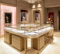 China Luxury Light Wood & Champagne Gold Jewelry Display Case, Premium Glass Showcase with LED Lighting for High-End Jewelry Boutiques for sale
