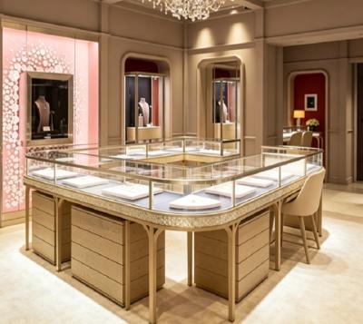 China Luxury Light Wood & Champagne Gold Jewelry Display Case, Premium Glass Showcase with LED Lighting for High-End Jewelry Boutiques for sale