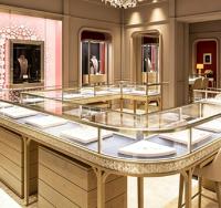 China Luxury Light Wood & Champagne Gold Jewelry Display Case, Premium Glass Showcase with LED Lighting for High-End Jewelry Boutiques for sale