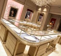China Luxury Light Wood & Champagne Gold Jewelry Display Case, Premium Glass Showcase with LED Lighting for High-End Jewelry Boutiques for sale