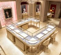 China Luxury Light Wood & Champagne Gold Jewelry Display Case, Premium Glass Showcase with LED Lighting for High-End Jewelry Boutiques for sale