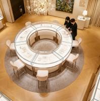 China Luxury Cream & Gold Circular Jewelry Store Interior Design, Turnkey Retail Solution with Ring-Shaped Display Counter for sale