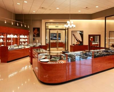 China Classic Red Wood Jewelry Store Interior Design, Complete Turnkey Fixture Package with Curved Central Showcase for sale