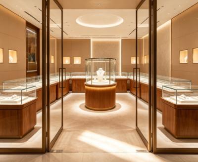 China Custom Luxury Jewelry Store Full Set Display Cabinets High-End Glass Jewelry Showcase Solid Wood Frame LED Boutique Showroom for sale