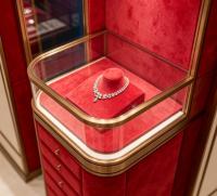 China Luxury Red/Blue & Gold Jewelry Island Display Counter, Premium Curved Glass Showcase for High-End Jewelry Retail for sale