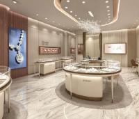 China Luxury Cream & Rose Gold Curved Jewelry Display Showcase, U-Shaped Commercial Counter with LED Lighting for Retail Boutiques for sale