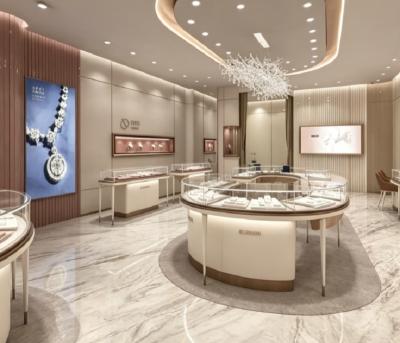 China Luxury Cream & Rose Gold Curved Jewelry Display Showcase, U-Shaped Commercial Counter with LED Lighting for Retail Boutiques for sale