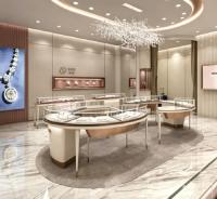China Luxury Cream & Rose Gold Curved Jewelry Display Showcase, U-Shaped Commercial Counter with LED Lighting for Retail Boutiques for sale