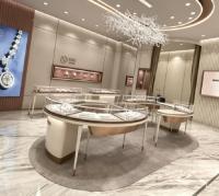 China Luxury Cream & Rose Gold Curved Jewelry Display Showcase, U-Shaped Commercial Counter with LED Lighting for Retail Boutiques for sale