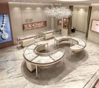 China Luxury Cream & Rose Gold Curved Jewelry Display Showcase, U-Shaped Commercial Counter with LED Lighting for Retail Boutiques for sale
