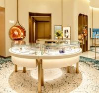 China Professional Luxury Jewelry Display Counter, Cream White Curved Glass Showcase for Retail & Exhibition for sale