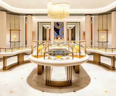 China Luxury Gold Frame Round Gold Jewelry Display Island, Premium Glass Jewelry Showcase for High-End Jewelry Stores for sale