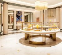 China Luxury Gold Frame Round Gold Jewelry Display Island, Premium Glass Jewelry Showcase for High-End Jewelry Stores for sale