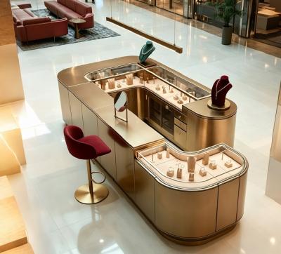 China Luxury Champagne Gold Curved Jewelry Island Service Counter Display Cabinet, High-End Glass Showcase for Fine Jewelry Retail for sale