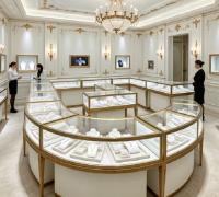 China Custom Luxury Jewelry Store Display Case, Premium Gold Frame Glass Showcase with Velvet Lining for sale