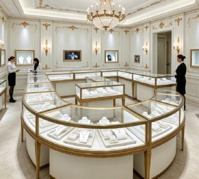 China Custom Luxury Jewelry Store Display Case, Premium Gold Frame Glass Showcase with Velvet Lining for sale