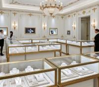 China Custom Luxury Jewelry Store Display Case, Premium Gold Frame Glass Showcase with Velvet Lining for sale