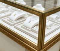 China Custom Luxury Jewelry Store Display Case, Premium Gold Frame Glass Showcase with Velvet Lining for sale