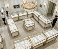 China Custom Luxury Jewelry Store Display Case, Premium Gold Frame Glass Showcase with Velvet Lining for sale