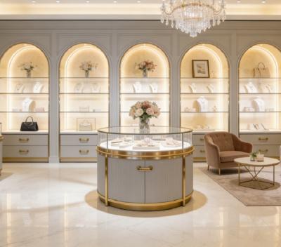 China Premium Curved Glass Island Jewelry Display Counter Hand-Carved Gold Frame Luxury Showcase LED Lighting High-End Showroom for sale