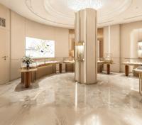 China Luxury Champagne Gold Curved Jewelry Island Display Cabinet, High-End Glass Showcase for Fine Jewelry Retail for sale