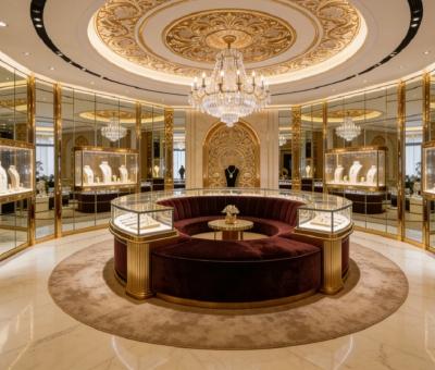 China Luxury Curved Glass Island Jewelry Display Counter Burgundy Velvet VIP Sofa Gold Plated Frame Showcase High-End Jewelry Showroom for sale