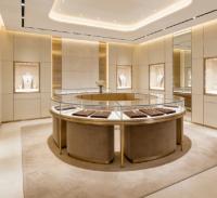 China Luxury Modern Circular Glass Island Jewelry Display Counter Gold Frame Velvet Base LED Lighting Showcase GZowin Brand Easy Clean for sale