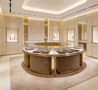 China Luxury Modern Circular Glass Island Jewelry Display Counter Gold Frame Velvet Base LED Lighting Showcase GZowin Brand Easy Clean for sale