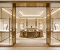 China Luxury Modern Circular Glass Island Jewelry Display Counter Gold Frame Velvet Base LED Lighting Showcase GZowin Brand Easy Clean for sale