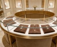 China Luxury Modern Circular Glass Island Jewelry Display Counter Gold Frame Velvet Base LED Lighting Showcase GZowin Brand Easy Clean for sale