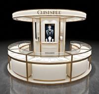 China Custom Round Aluminium Jewelry Island Display Counter Luxury White & Gold LED Showcase for High-End Jewelry Retail Store for sale