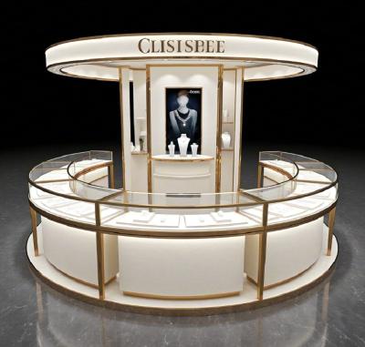 China Custom Round Aluminium Jewelry Island Display Counter Luxury White & Gold LED Showcase for High-End Jewelry Retail Store for sale