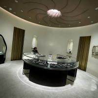 China Custom LED Gold Glass Display Island Counter Furniture for Jewelry Shop Showcases for sale
