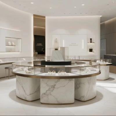 China LED-Lit Glass Island Cabinet Tempered Jewelry Display Case with Metal for Shopping Malls and Jewelry Shops for sale