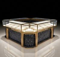 China Custom Corner/Island/Straight Jewelry Display Counter Black Marble & Gold Trim Glass Showcase LED Luxury Jewelry Showroom for sale