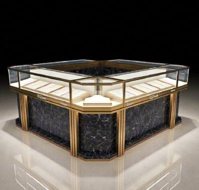 China Custom Corner/Island/Straight Jewelry Display Counter Black Marble & Gold Trim Glass Showcase LED Luxury Jewelry Showroom for sale
