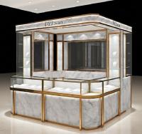 China Custom Corner/Island/Straight Jewelry Display Counter Black Marble & Gold Trim Glass Showcase LED Luxury Jewelry Showroom for sale