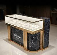 China Custom Corner/Island/Straight Jewelry Display Counter Black Marble & Gold Trim Glass Showcase LED Luxury Jewelry Showroom for sale