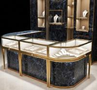 China Custom Corner/Island/Straight Jewelry Display Counter Black Marble & Gold Trim Glass Showcase LED Luxury Jewelry Showroom for sale