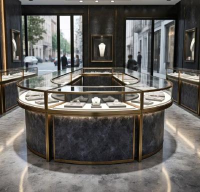 China High-End Custom Circular Jewelry Display Counter Premium Dark Marble Gold Metal Tempered Glass LED Showcase Luxury Jewelry Store for sale