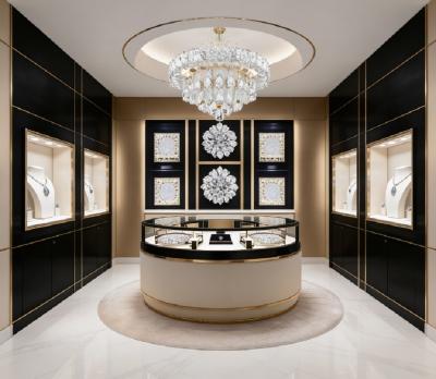 China Luxury Jewelry Island Display Counter Custom Beige Black Showcase Gold Trim Crystal Chandelier Style LED Lighting Showroom for sale