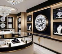 China Luxury Jewelry Island Display Counter Custom Beige Black Showcase Gold Trim Crystal Chandelier Style LED Lighting Showroom for sale