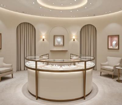 China Elegant Round LED Lit Metal Jewelry Display Case Cream Base Gold Frame Glass Top for Luxury Mall Retail for sale